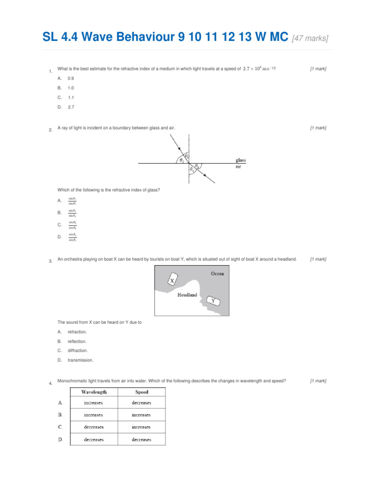 SL 4.4 Wave Behaviour 9 10 11 12 13 W MC | PDF | Waves | Refraction