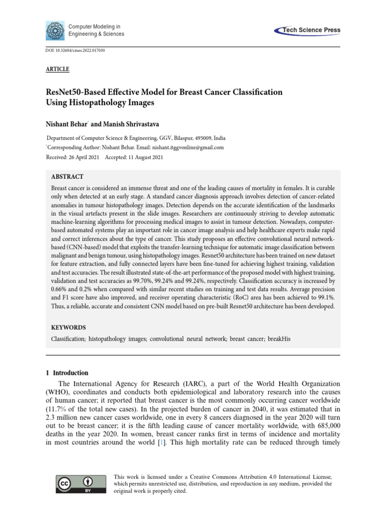 ResNet50 Based Effective Model For Breas | PDF | Statistical Classification | Machine Learning