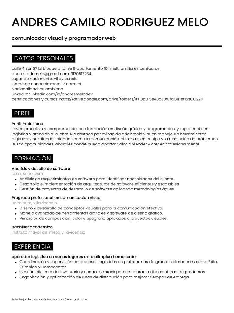 Hoja de Vida Andres Camilo Rodriguez Melo | PDF | Diseño gráfico | Software