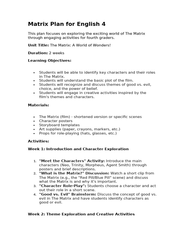 Matrix Plan For English 4 | PDF