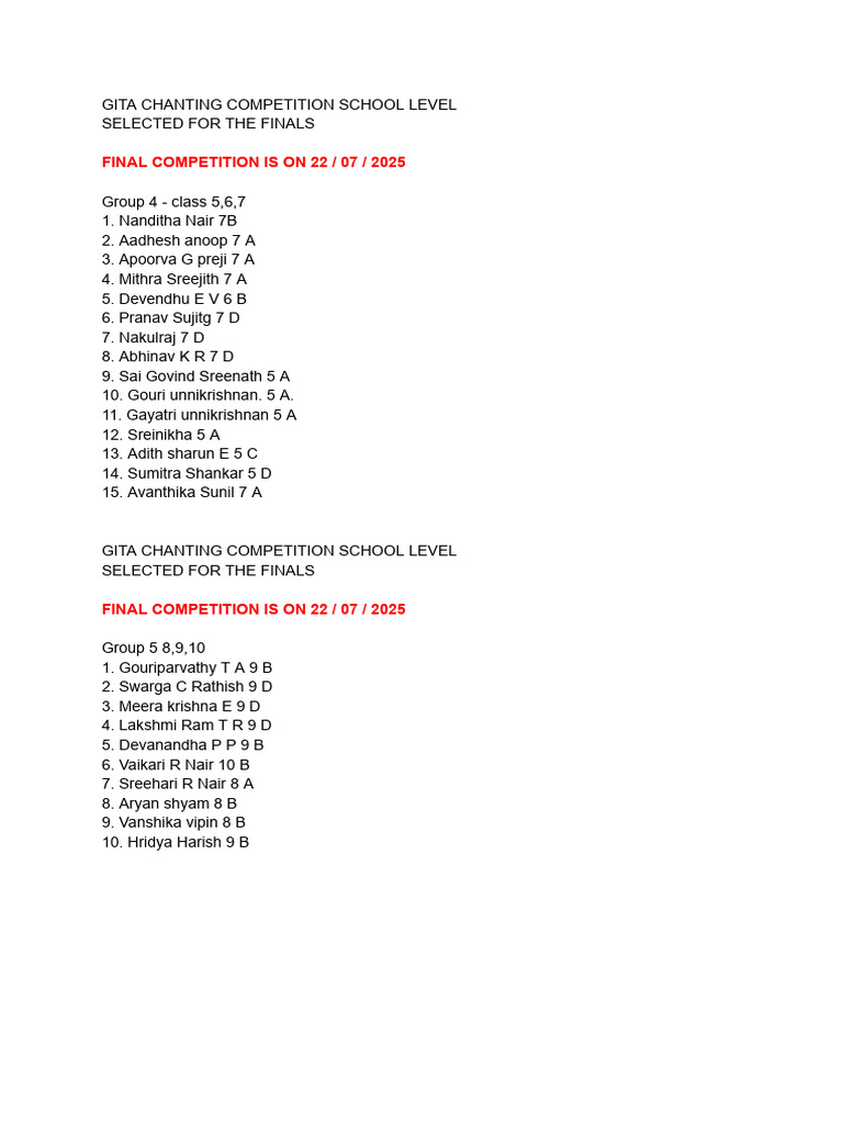 Gita Chanting Competition School Level | PDF