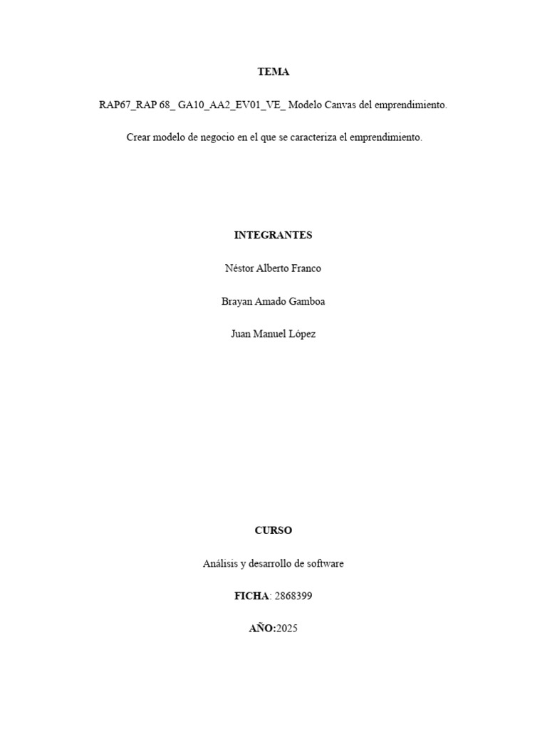 RAP67 - RAP 68 - GA10 - AA2 - EV01 - VE - Modelo Canvas Del Emprendimiento. Crear Modelo de ...