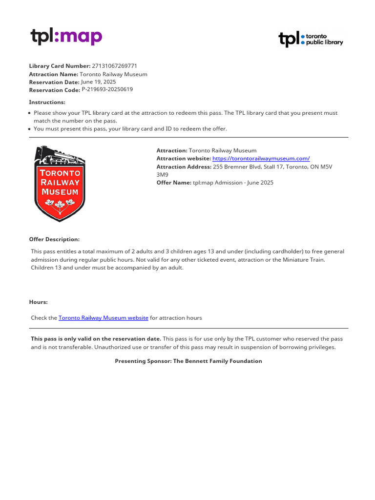 TPL Map Pass for Toronto Railway Museum | PDF