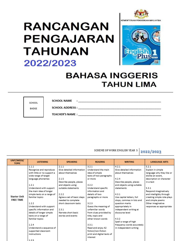 SOW ENGLISH YEAR 5 2022-2023 by RozayusAcademy | PDF | English Language ...