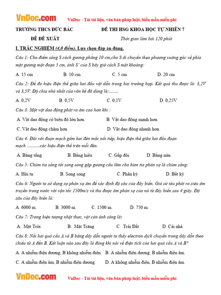 De HSG KHTN Khoi 7 Truong Duc Bac - 223202423 | PDF