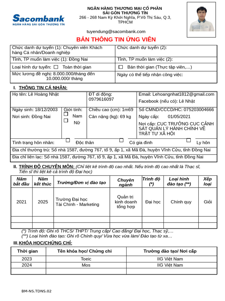 2025 Ban Thong Tin Ung Vien | PDF