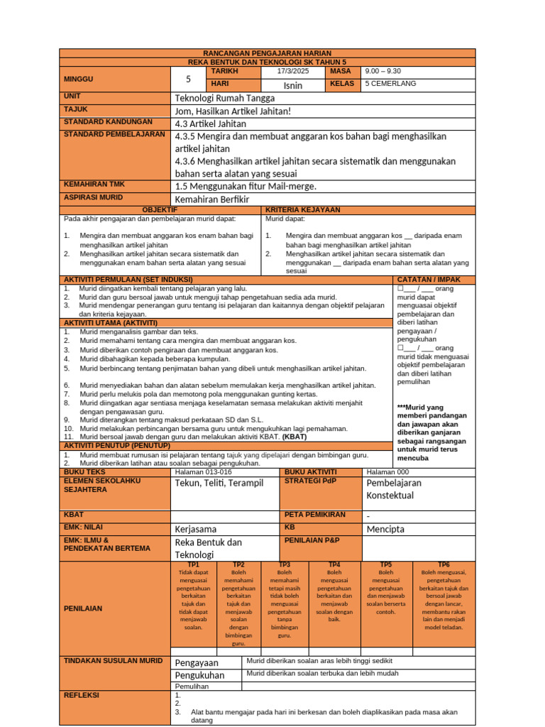 RPH Minggu 5 RBT SK THN 5 2025 by Cikgu Gorgeous | PDF