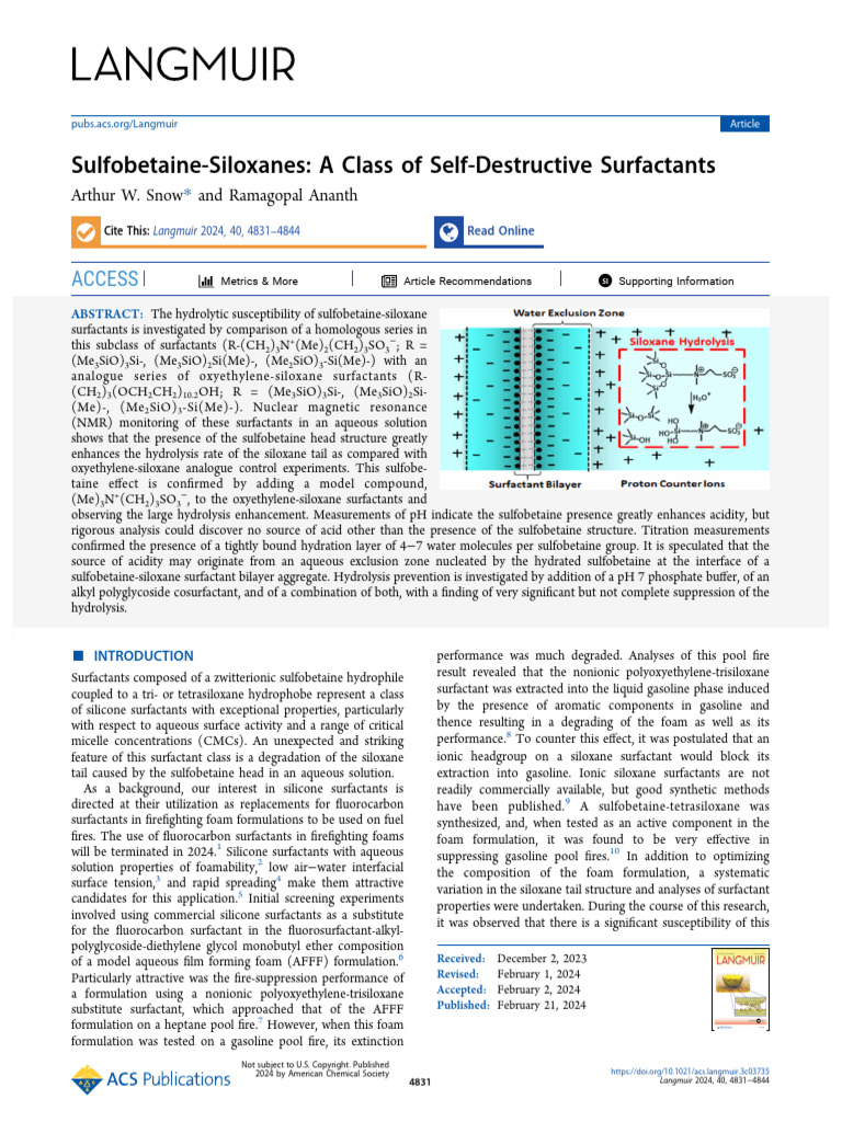 Snow Ananth 2024 Sulfobetaine Siloxanes A Class of Self Destructive Surfactants | PDF ...