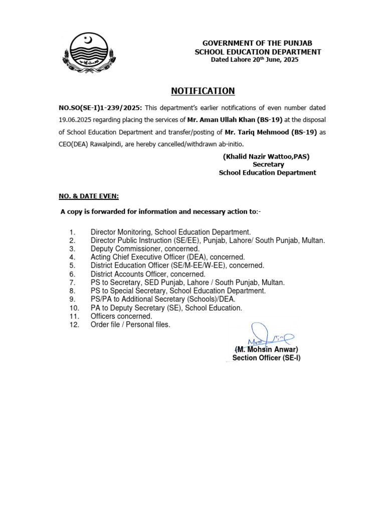 Aman Ullah Khan & Tariq Mehmood Orders Withdrawn | PDF