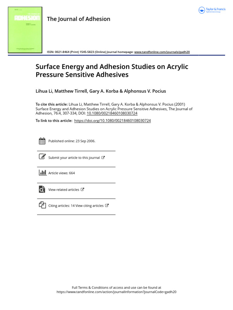 Li 2001 Surface Energy and Adhesion Studies | PDF | Adhesive | Adhesion