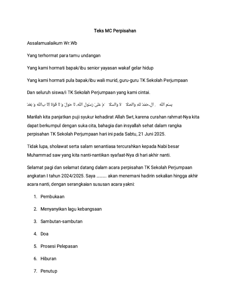 Teks MC Perpisahan TK Sekolah Perjumpaan | PDF