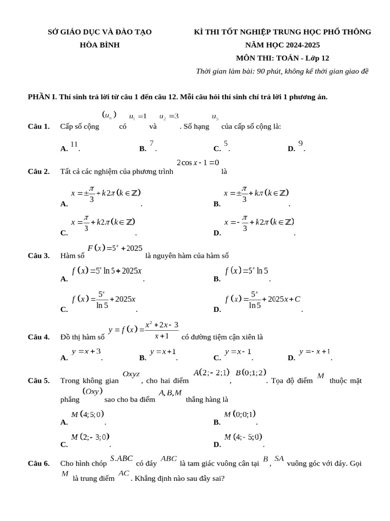 S Giáo D C Và Đào T o Hòa Bình (Thi TH TN THPT Năm 2025 | PDF