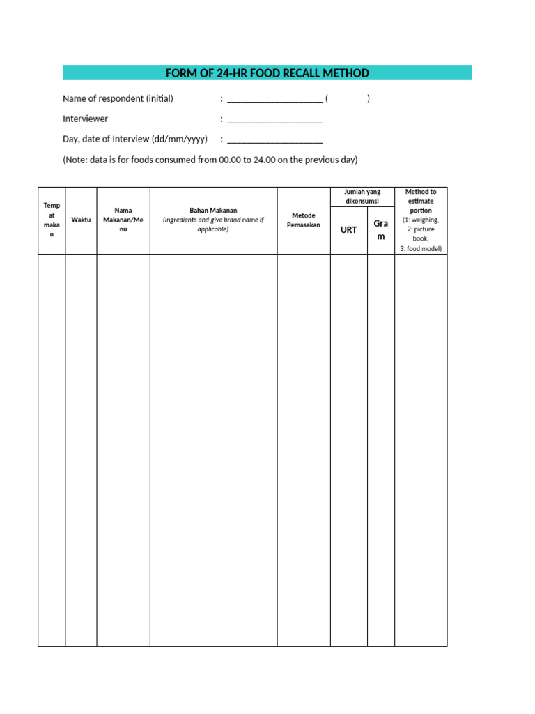 24-Hour Food Recall Method Form | PDF