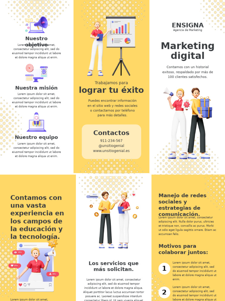 Folleto Tríptico Promocional de Servicios de Marketing Digital Ilustrado Empresarial Amarillo y ...