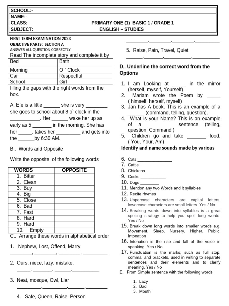 Primary 1 English First Term Exam 2023 | PDF | Letter Case | Writing