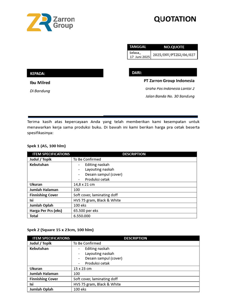 Quotation Produksi Buku - Bu Milred | PDF