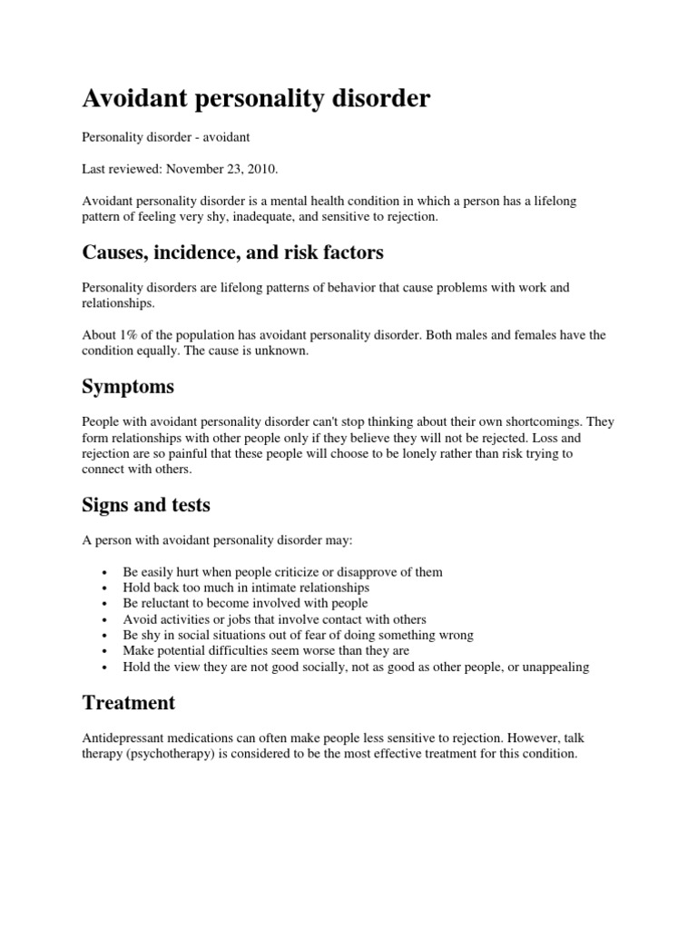 Avoidant Personality Disorder | PDF | Personality Disorder | Psychotherapy