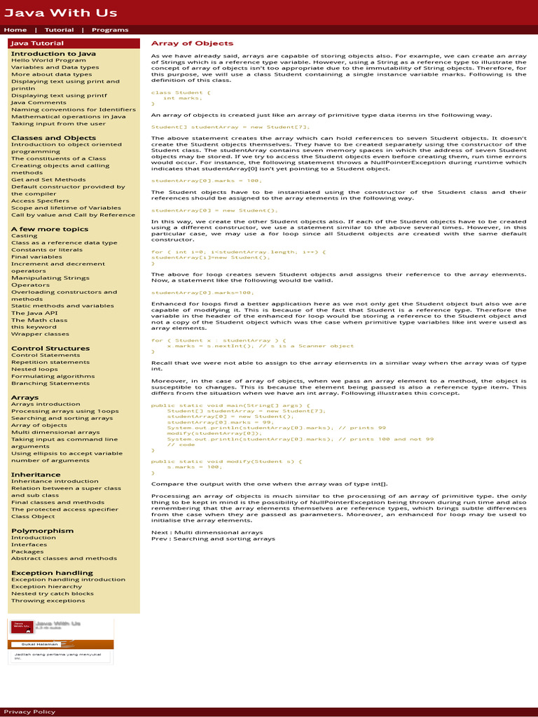 Array of Objects - Java Tutorial - Java With Us | PDF | Class (Computer Programming ...
