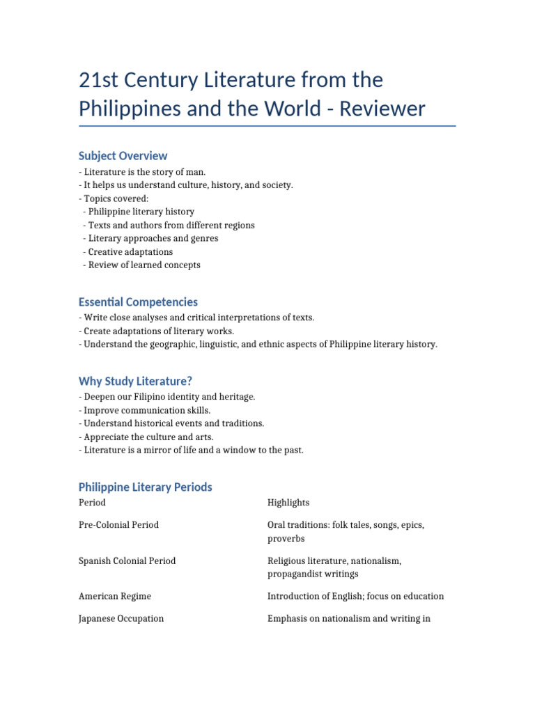 21st Century Literature Reviewer | PDF | Philippines | Folklore