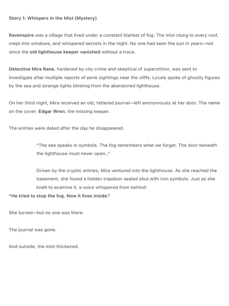 Story 1 - Whispers in The Mist (Mystery) | PDF