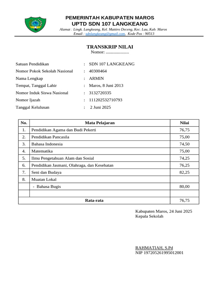 Transkrip Nilai SDN 107 Langkeang | PDF