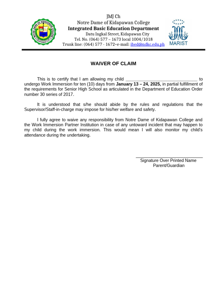 Work Immersion Waiver for Students | PDF