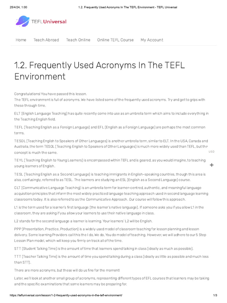 1.2. Frequently Used Acronyms In The TEFL Environment - TEFL Universal | PDF | English As A ...