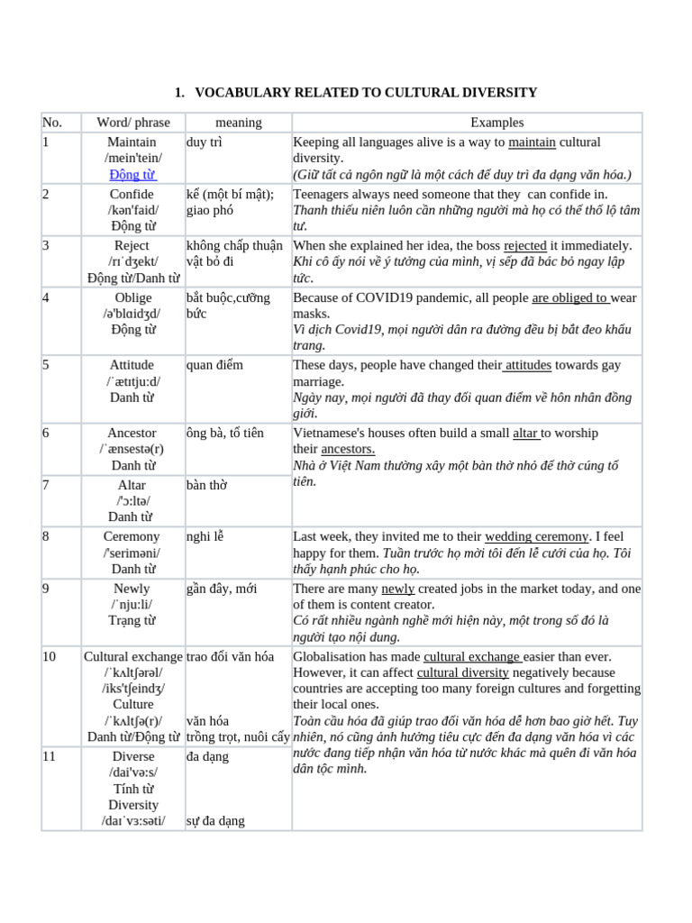 Vocabulary Related To Cultural Diversity | PDF