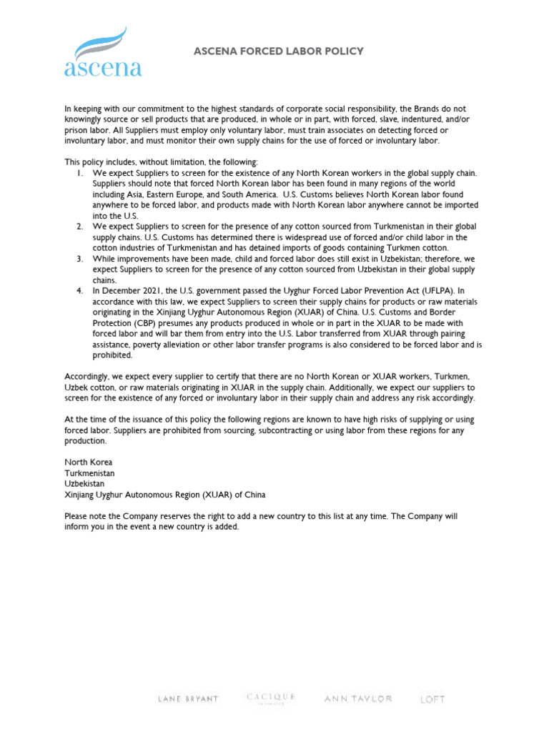 Forced Labor Policy - Aug2022 | PDF