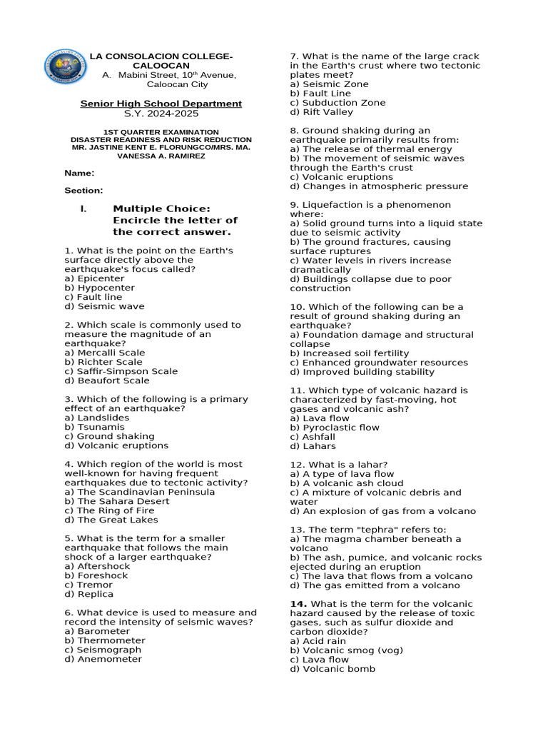 DRRR 1st Periodical Exam | PDF | Volcano | Earthquakes