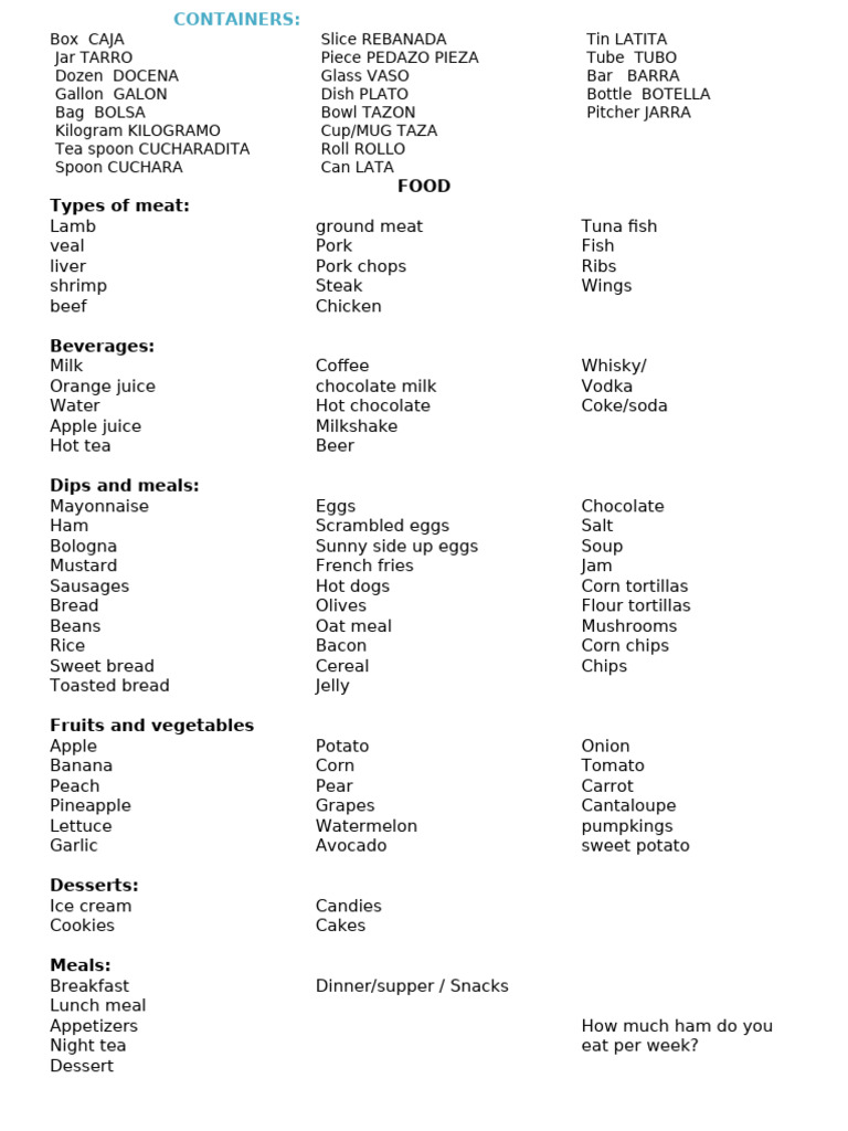 Containers and Food Vocabulary | PDF | Meal | Western Cuisine