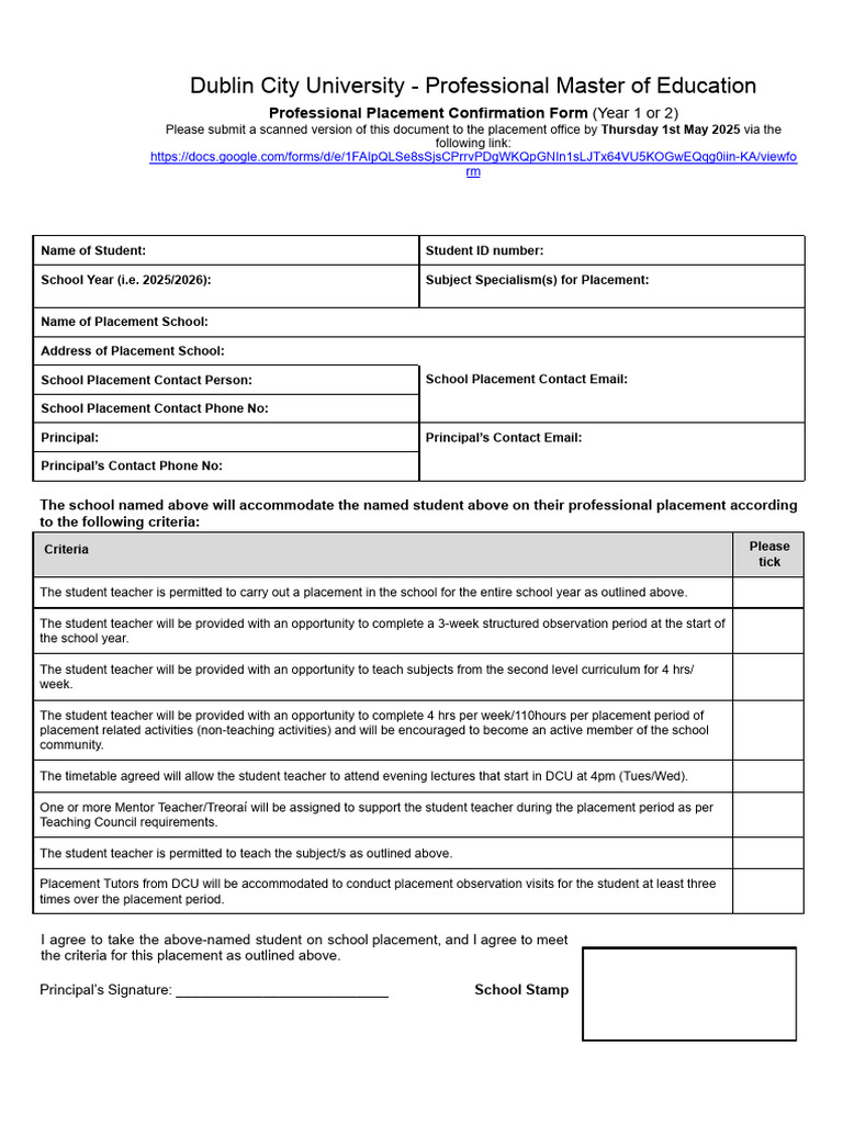 PME Professional Placement Confirmation Form 2025-2026 | PDF | Learning ...