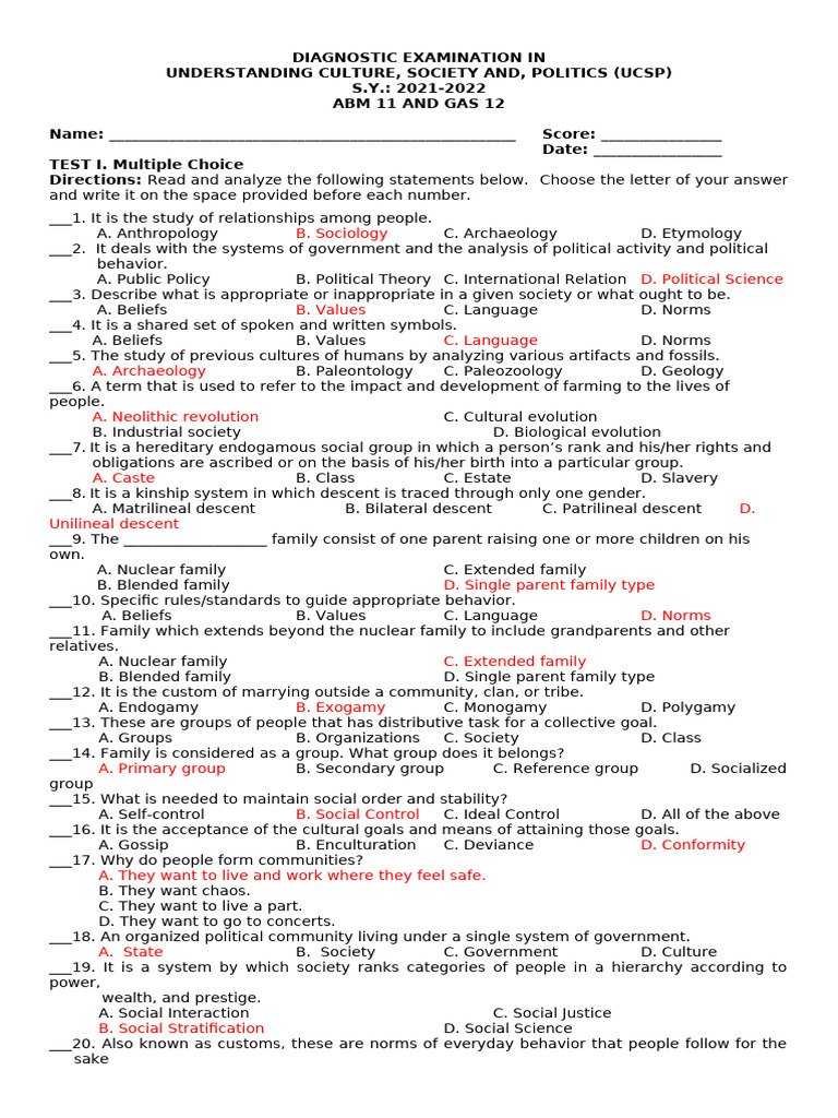 Answer Key Diagnostic Test in Ucsp | PDF | Family | Deviance (Sociology)