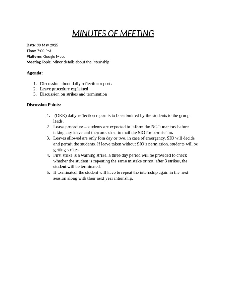 Minutes of Meeting - Minor Details | PDF