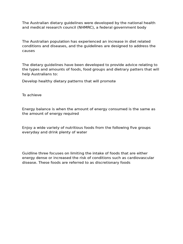 The Australian Dietary Guidelines Were Developed by The National Health and Medical Research ...
