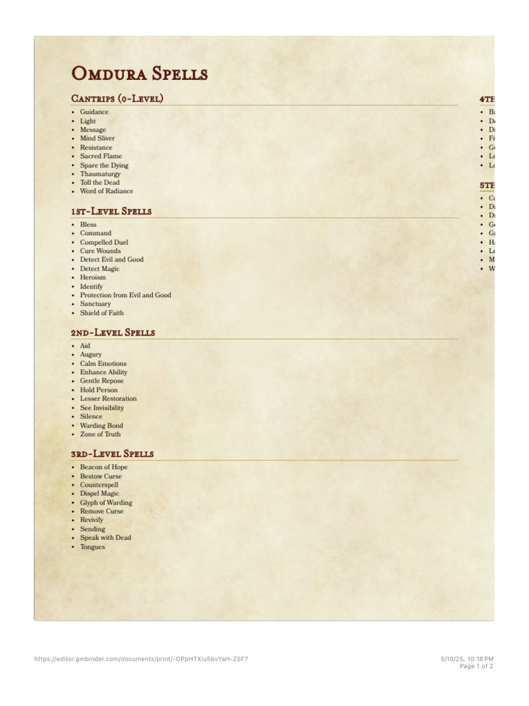 Omdura Spell List Overview | PDF