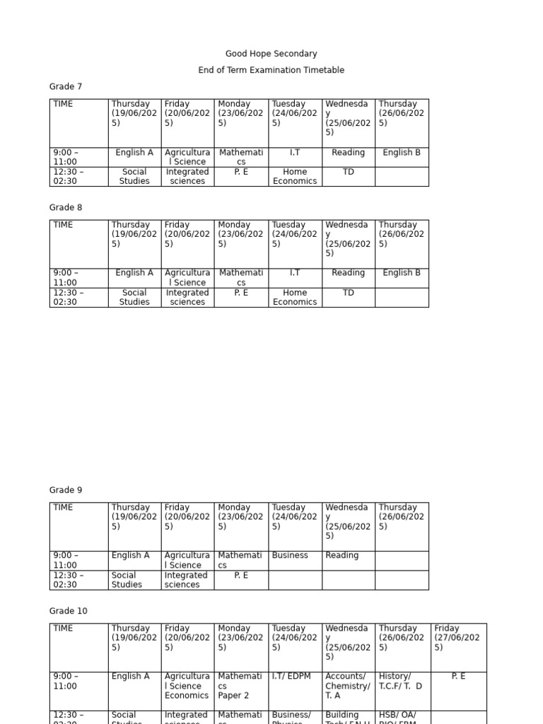 Good Hope Secondary Exam Timetable 2025 | PDF