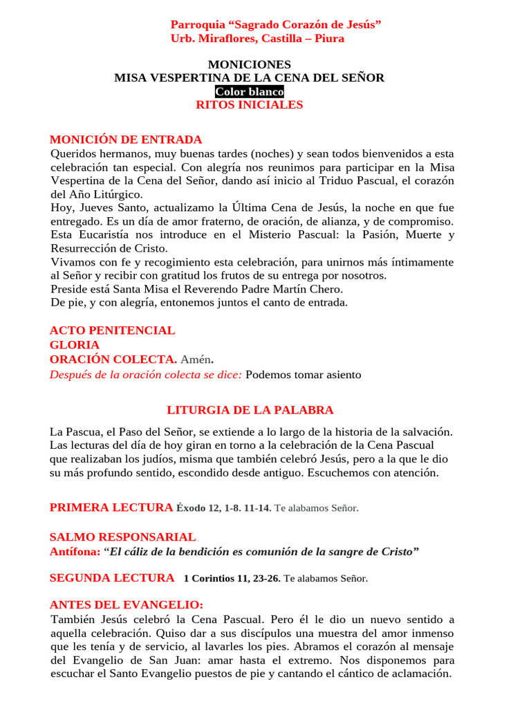 Monicion - Jueves Santo | PDF | eucaristía | Pascua de Resurrección