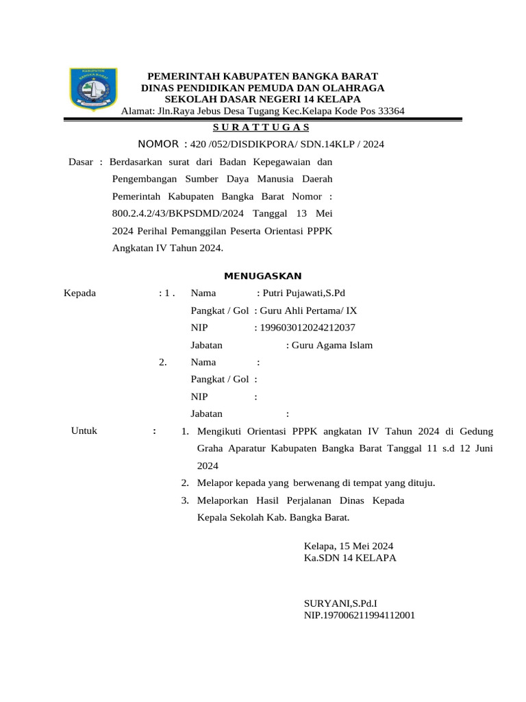 Surat Tugas Orientasi PPPK 2024 | PDF