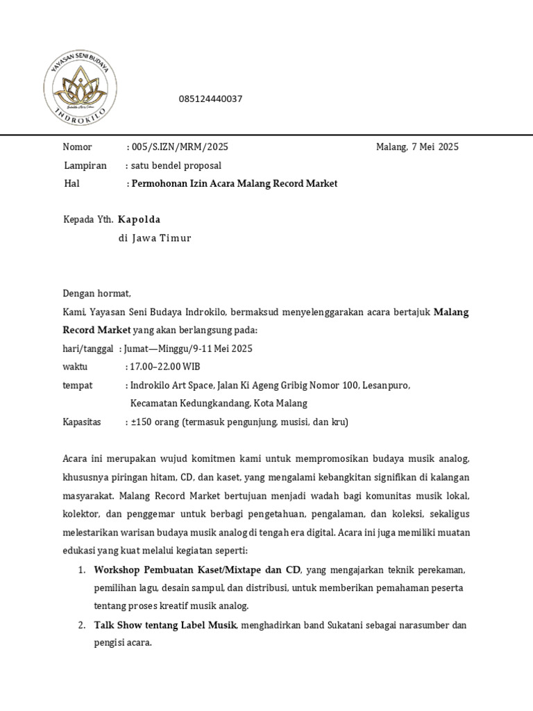 005 - Surat Dan Proposal Perizinan Malang Record Market666 | PDF