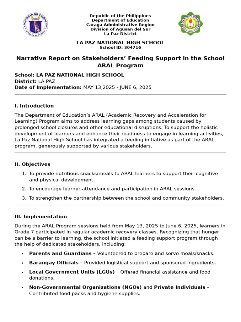 Narrative Report On Stakeholders Feeding Program | PDF