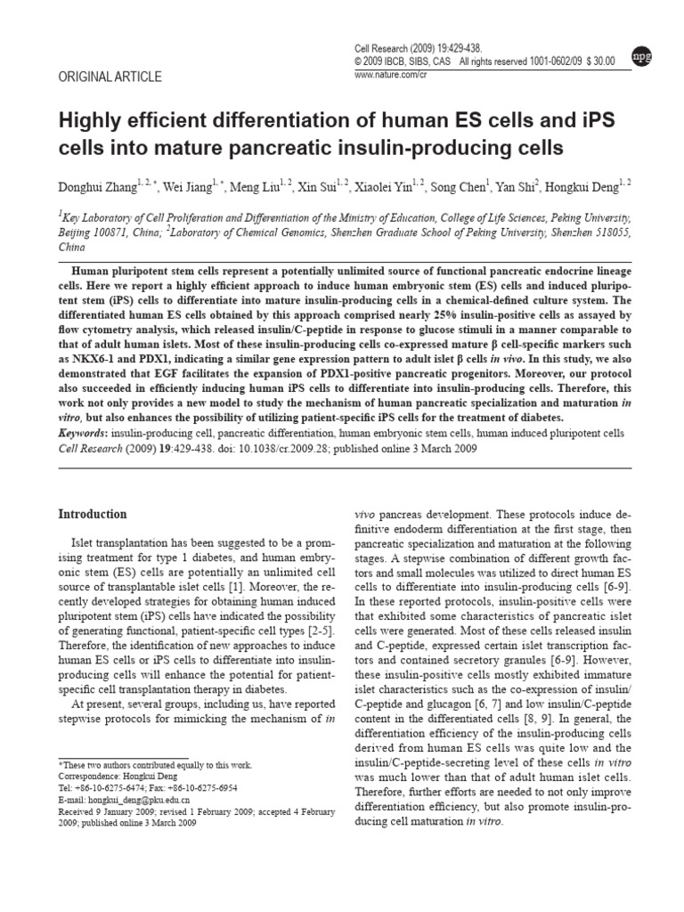 Pancreatic β Cells-Highly Efficient Differentiation of Human ES Cells and IPS Cells Into Mature ...