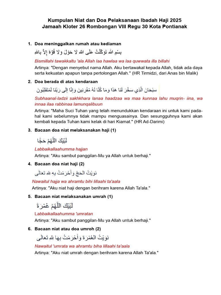 Niat Dan Doa Ibadah Haji 2025 - Regu 30 Rombongan VIII | PDF