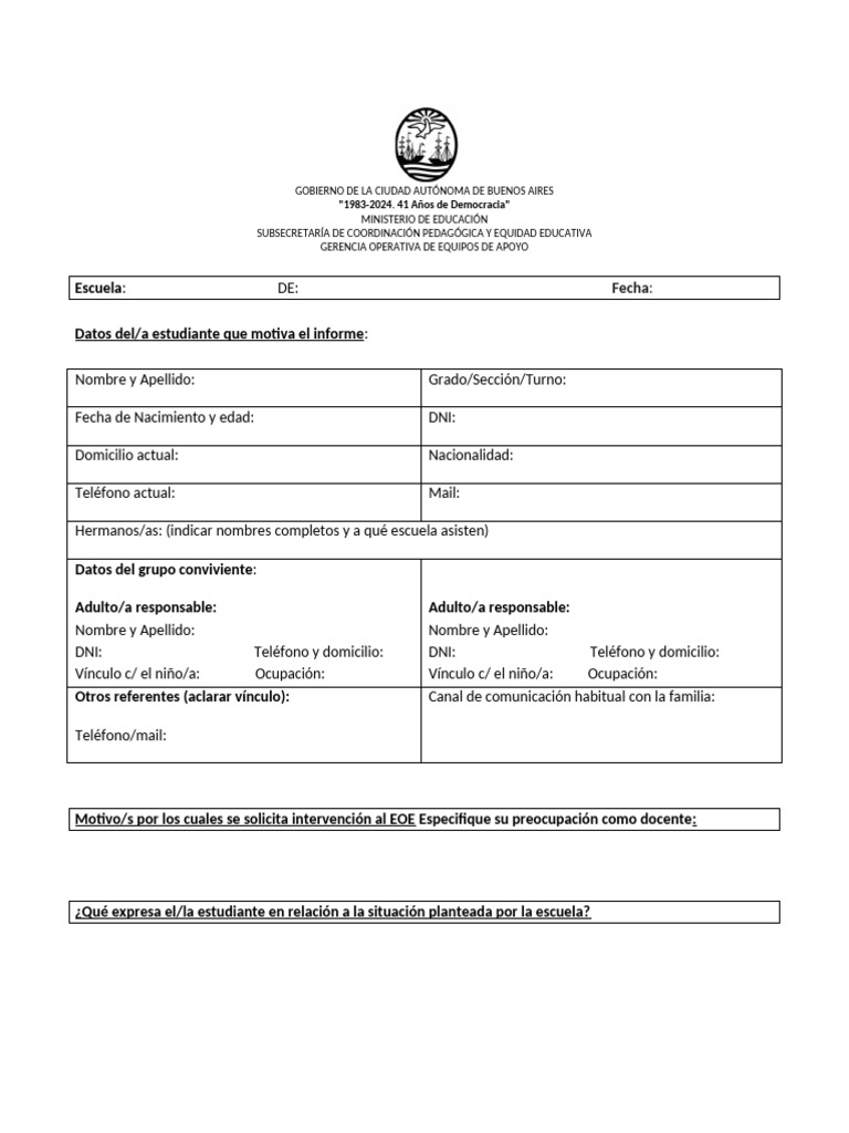 Modelo de Informe Escolar EOE 2024 (Reparado) | PDF | Maestros | Educación de la primera infancia
