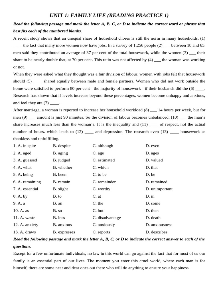 E10 U1 Reading Practice | PDF | Family | Social Psychology