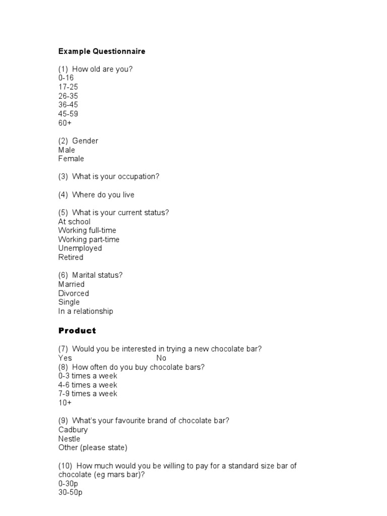 Example Questionnaire | PDF | Chocolate | Advertising