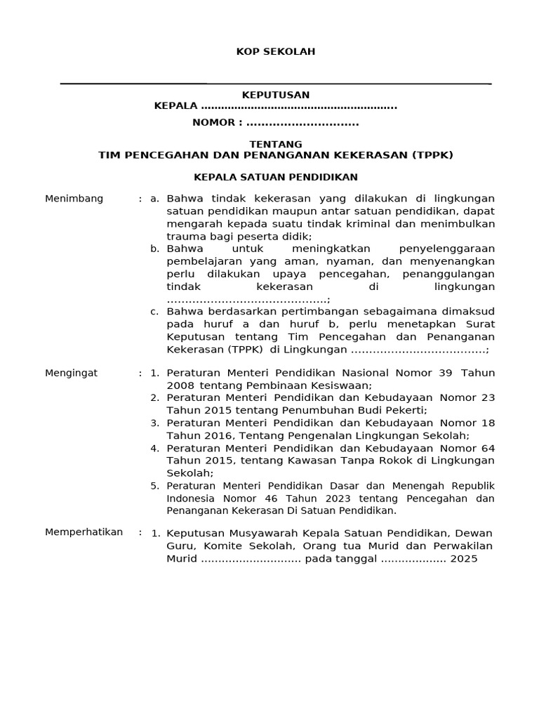 SK Pembentukan Tim TPPK Sekolah | PDF