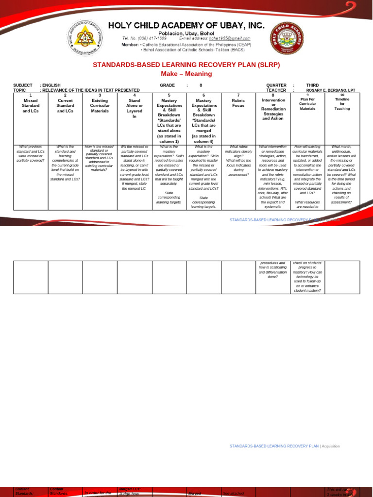 Standards-Based Learning Recovery Plan | PDF | Reason | Question