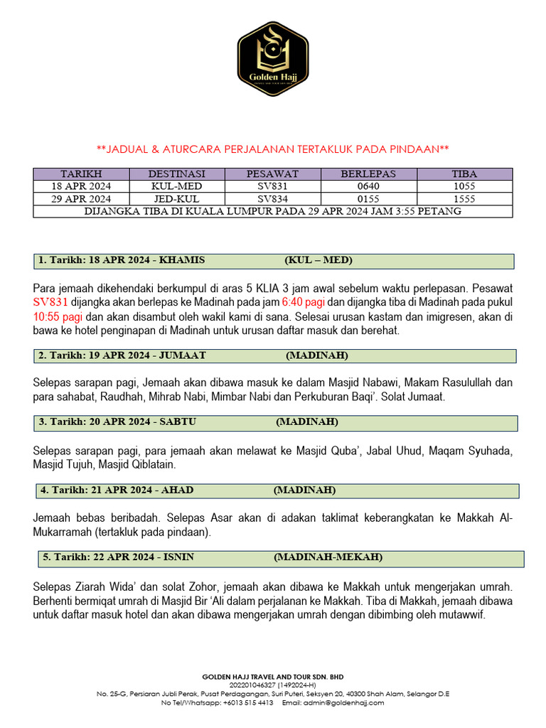 Itinerary Umrah Kul - Med HJ Zahari | PDF
