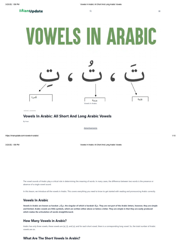 Vowels in Arabic - All Short and Long Arabic Vowels | PDF | Languages ...